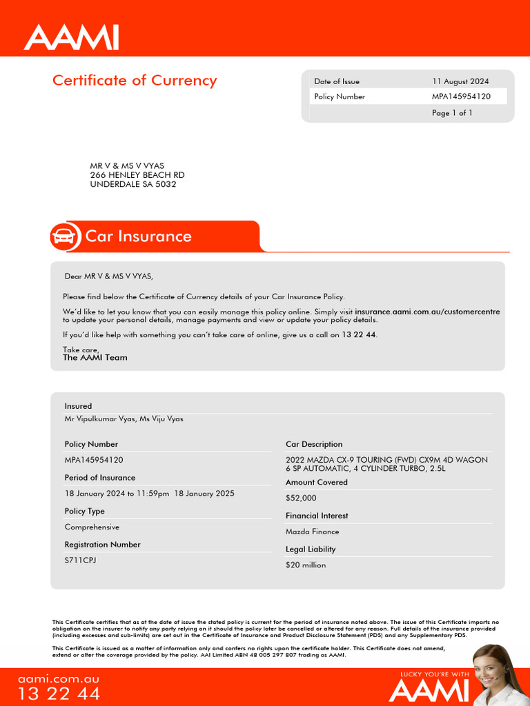 AAMI Car Certificate of Currency MPA145954120 | PDF | Insurance ...