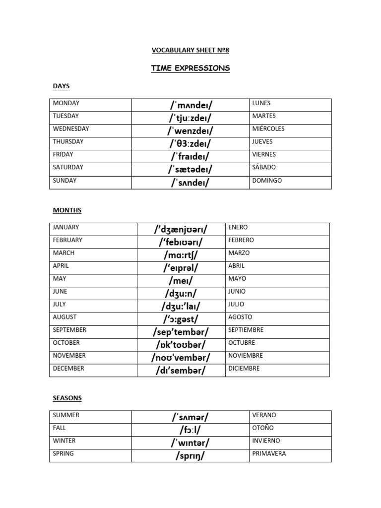 Vocabulary Sheet Nº8 - Time Expressions | PDF | Language Arts ...