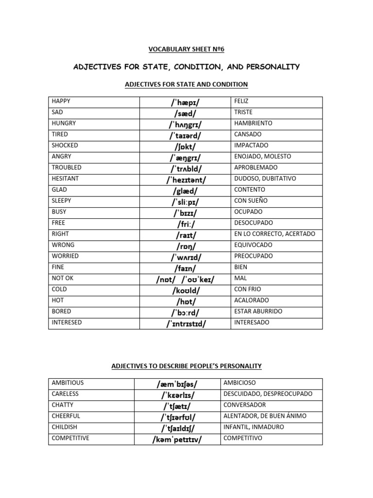 Vocabulary Sheet Nº6 - Adjectives For State, Condition and Personality ...