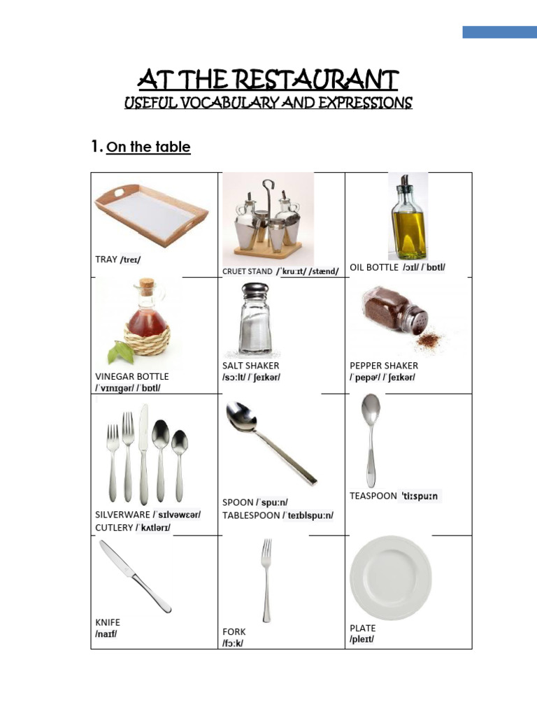 Vocabulary Sheet N°9 - at The Restaurant | PDF | Food And Drink ...