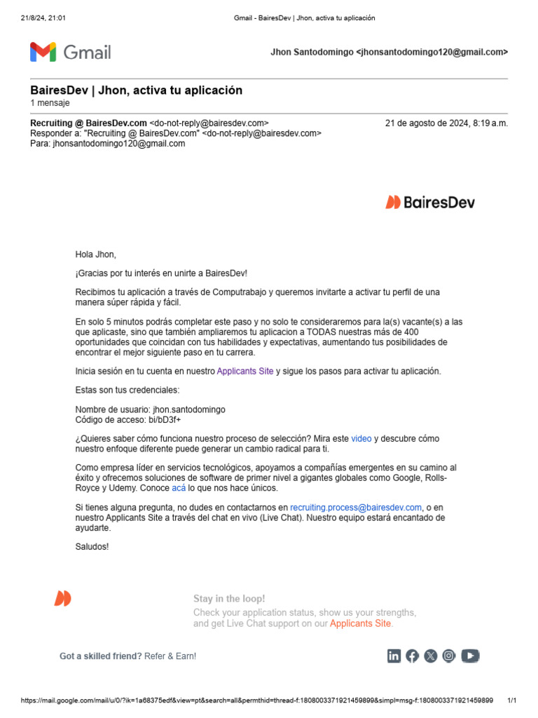 Gmail - BairesDev - Jhon, Activa Tu Aplicación | PDF | Chat en linea | Crecimiento personal y ...