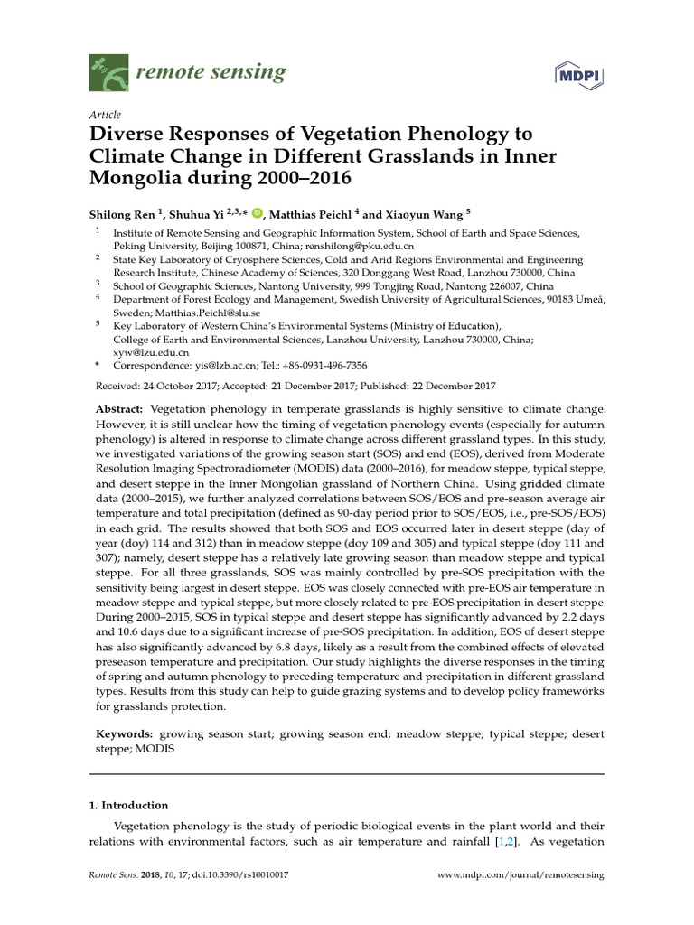 Diverse responses of vegetation phenology to climate change in different Grasslands in Inner ...