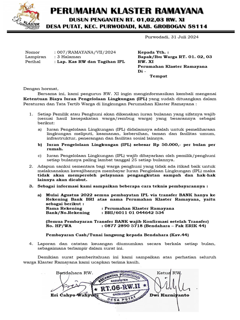 Laporan Kas RW Juli 2024 Claster Ramayana | PDF