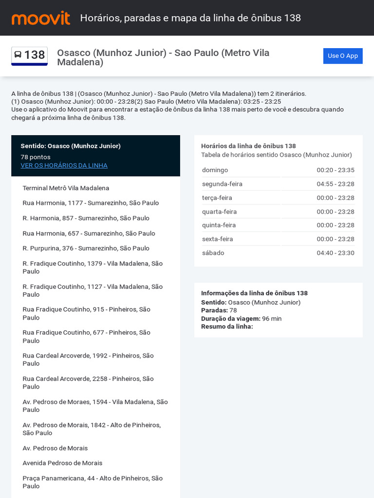 Osasco (Munhoz Junior) - Sao Paulo (Metro Vila Madalena) : Horários, Paradas e Mapa Da Linha de ...