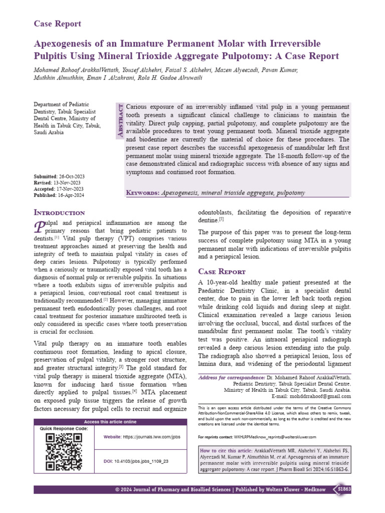 Apexogenesis of An Immature Permanent Molar With.182 | PDF