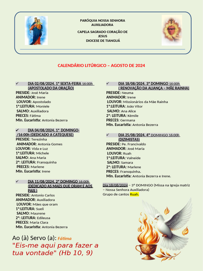 Calendário Litúrgico Agosto De 2024 Pdf