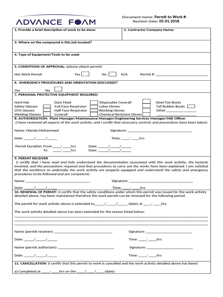 Afl Blank Permit To Work Rev 2018 Pdf Personal Protective Equipment 7249