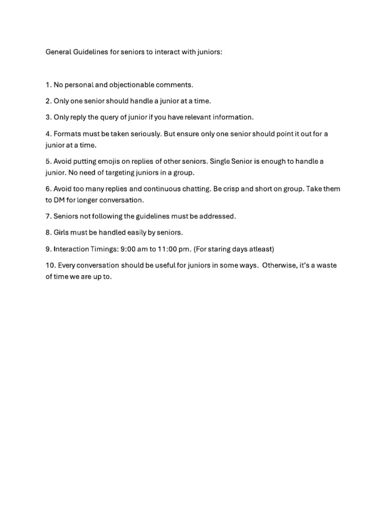General Guidelines For Seniors To Interact With Juniors | PDF