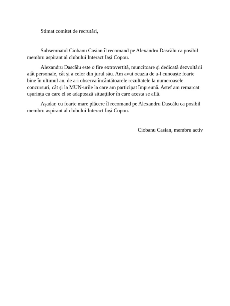Scrisoare Recomandare ITCC-Alex | PDF