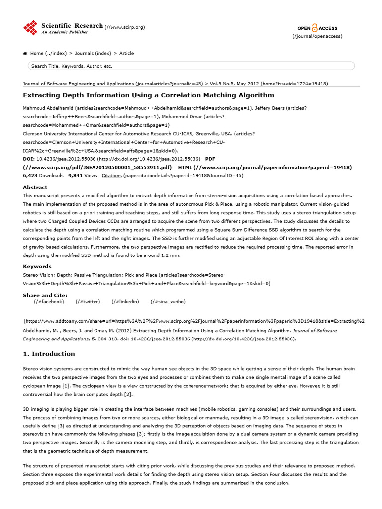 Extracting Depth Information Using A Correlation Matching Algorithm | PDF