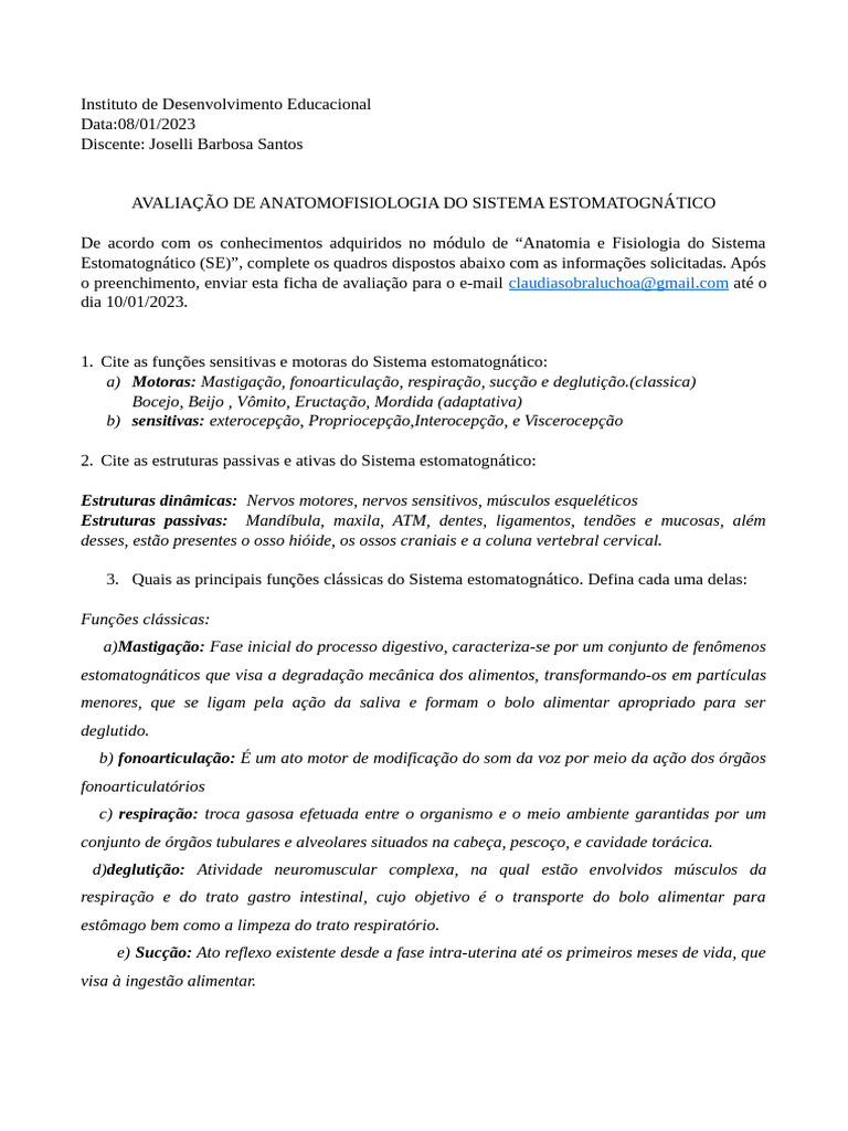 Avaliação de Anatomofisiologia Do Sistema Estomatognático - Joselli ...