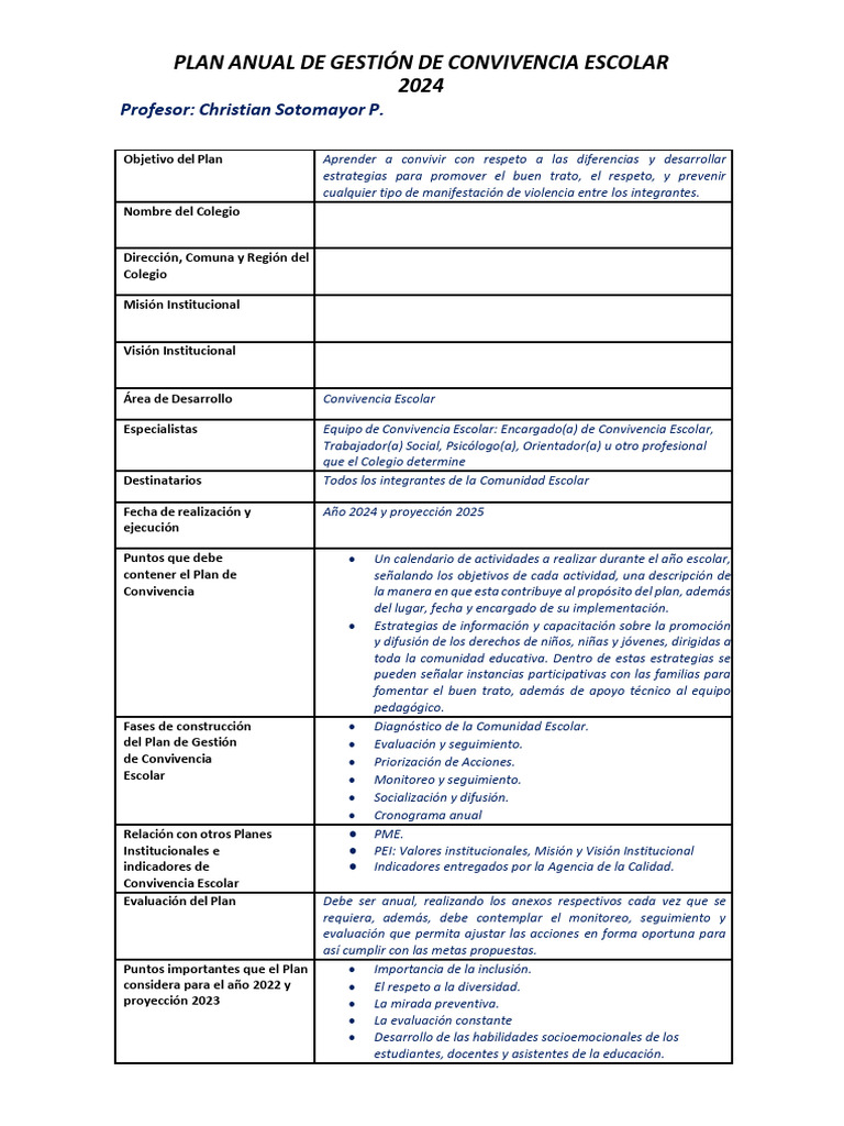 Formarto Elaboraci N Plan de Gesti N Convivencia 2024 1710276843 | PDF