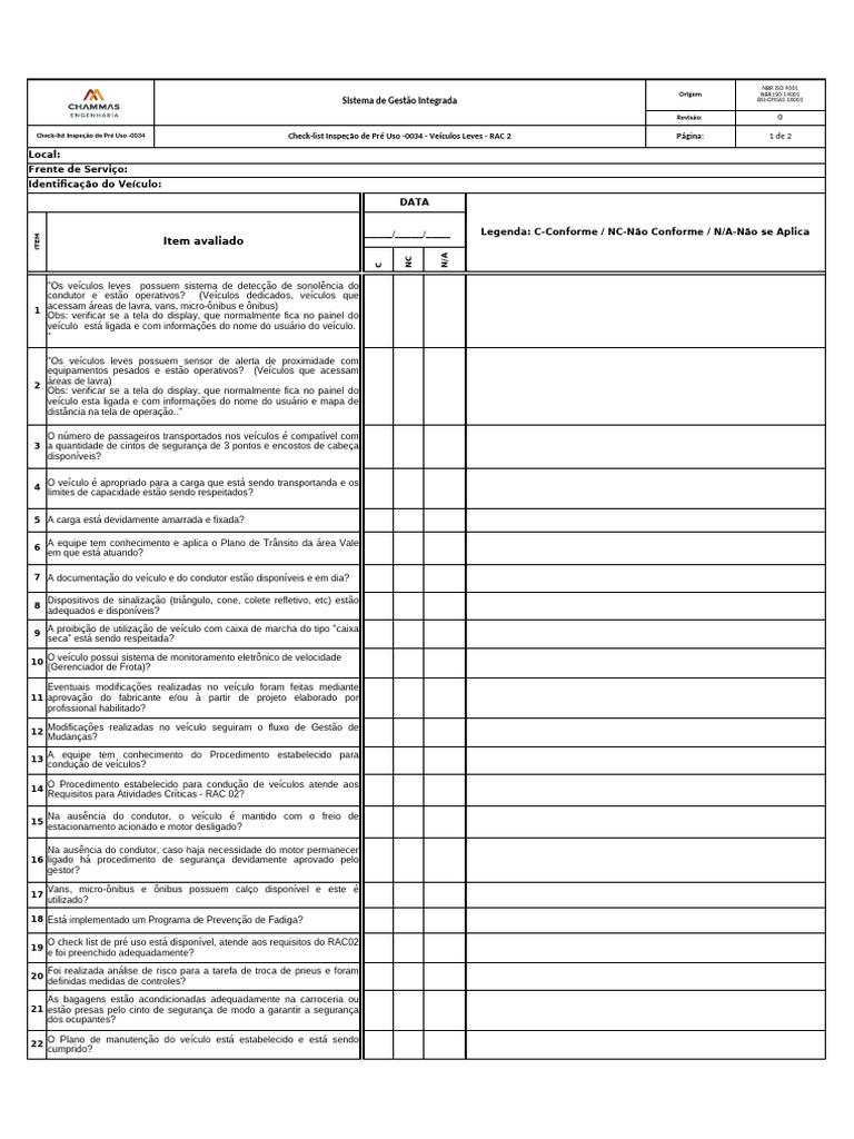 Check-List Inspeção de Pré Uso - 0034 - Veículos Leves - RAC 2 | PDF