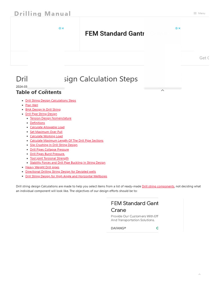 Drill String Design Calculation Steps - Drilling Manual | PDF