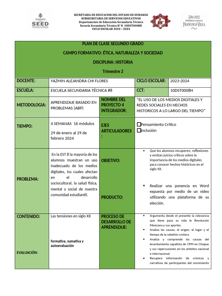 PLAN DE CLASE SEGUNDO GRADO Proyecto Integrador Trimestre 2 | PDF | Evaluación | Historia