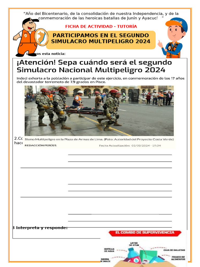 Ficha-Mart-Tut-Nos Preparamos para El Segundo Simulacro Multipeligro 2024 | PDF