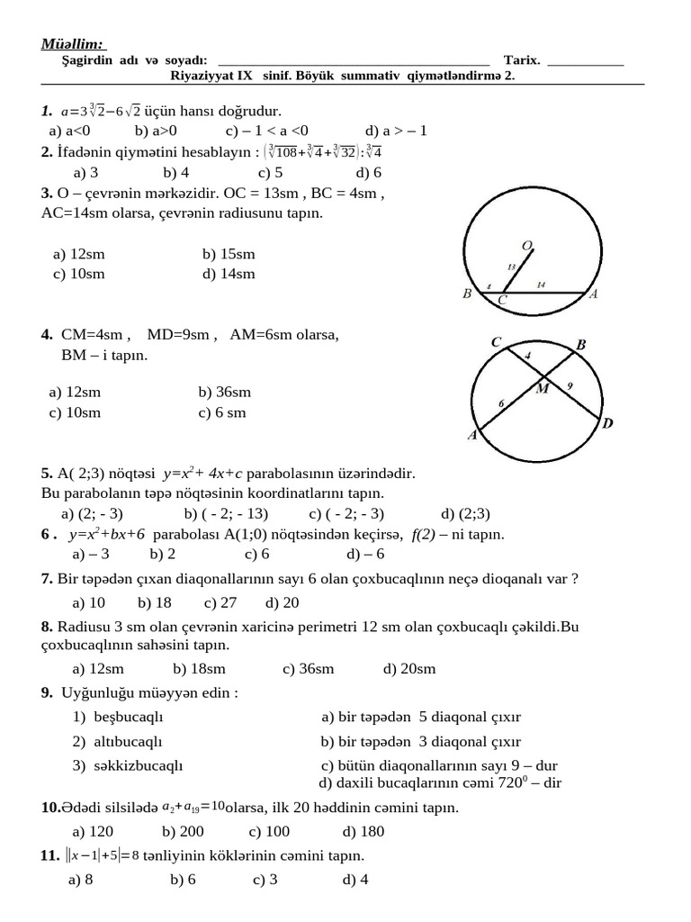Riyaziyyat - IX Sinif. BSQ-2 (8) | PDF