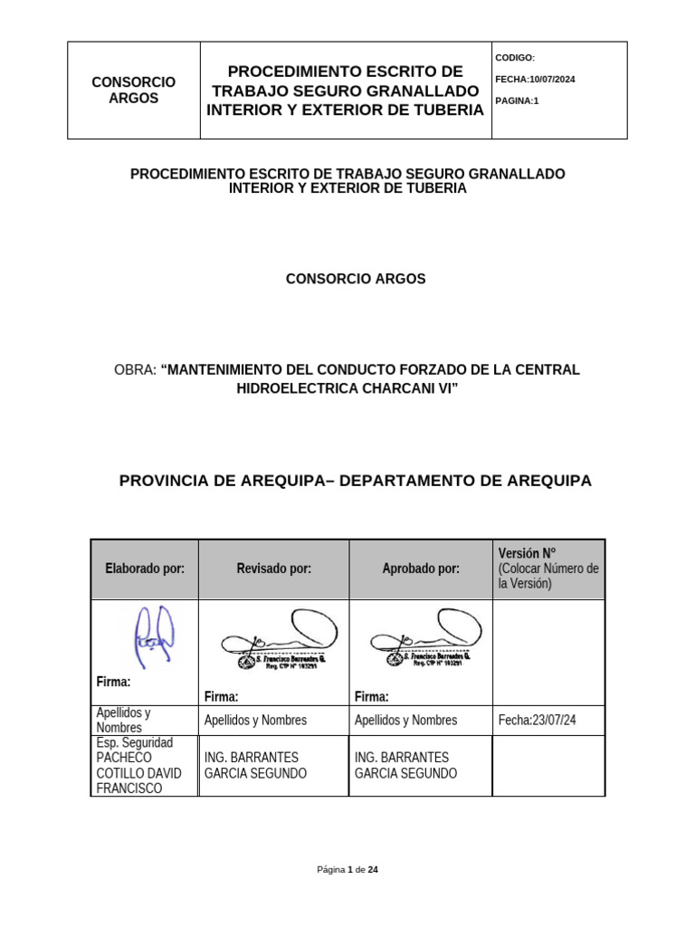 Procedimiento Escrito de Trabajo Seguro de Granallao Int y Ext | PDF