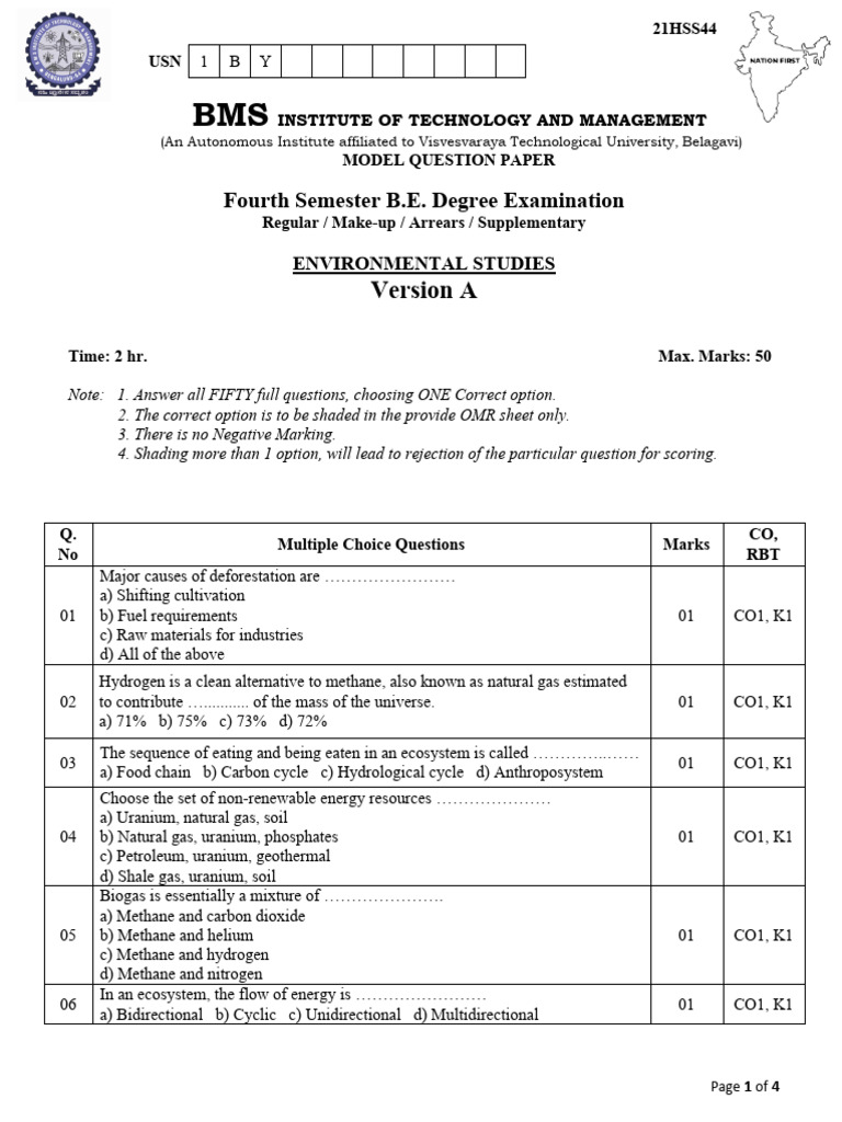 4th Sem - MCQ Model Question Paper Version A | PDF