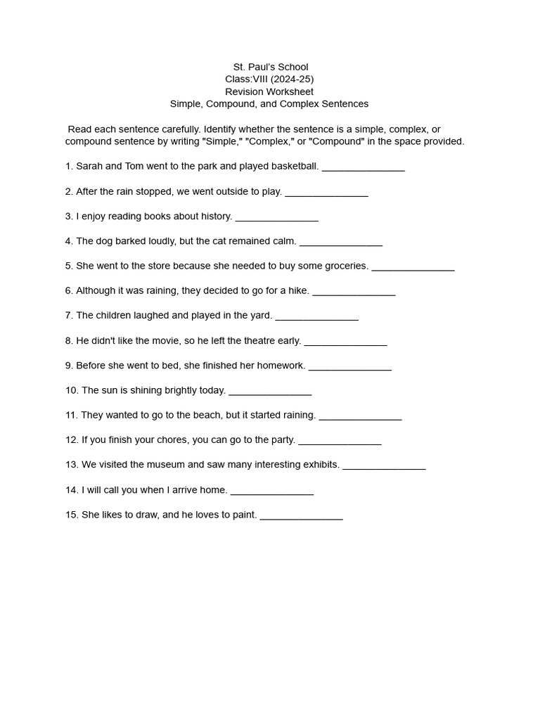 C8 Simple, Complex, And Compund Sentences (Revision Worksheet) | PDF