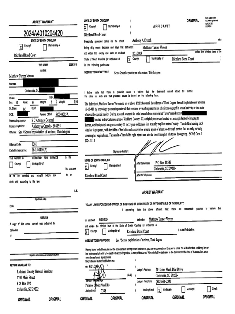 Warrants For Matthew Turner Vereen (Redacted) (03673453xD2C78) | PDF