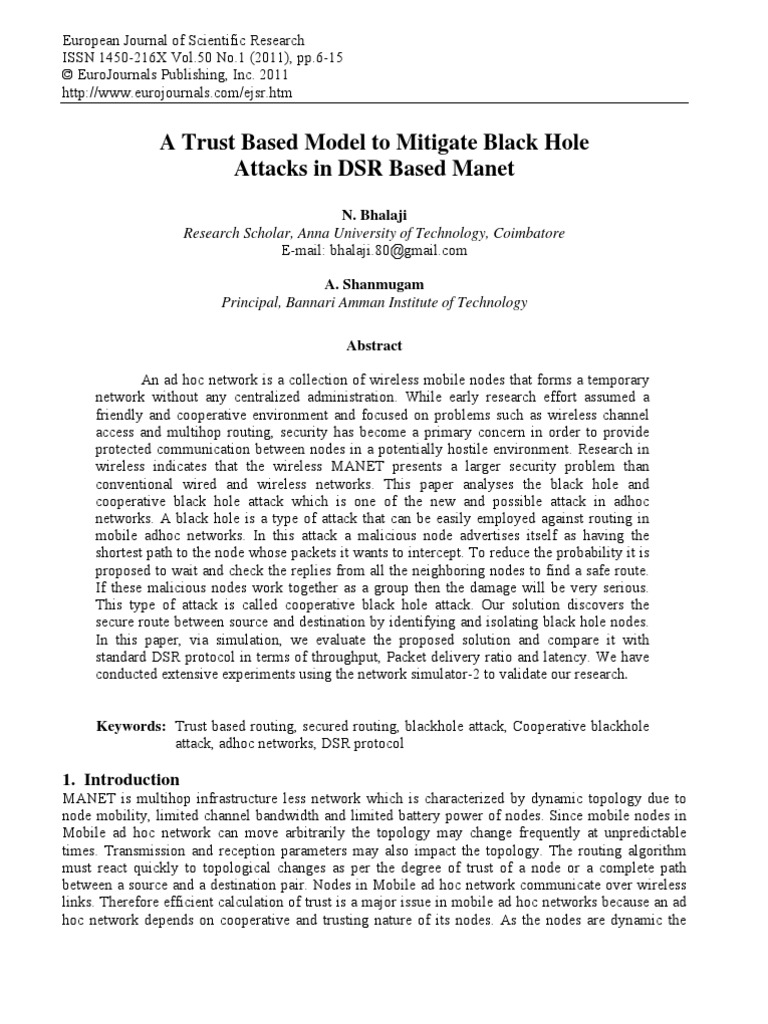 A Trust Based Model To Mitigate Black Hole Attacks in DSR Based Manet | PDF | Wireless Ad Hoc ...