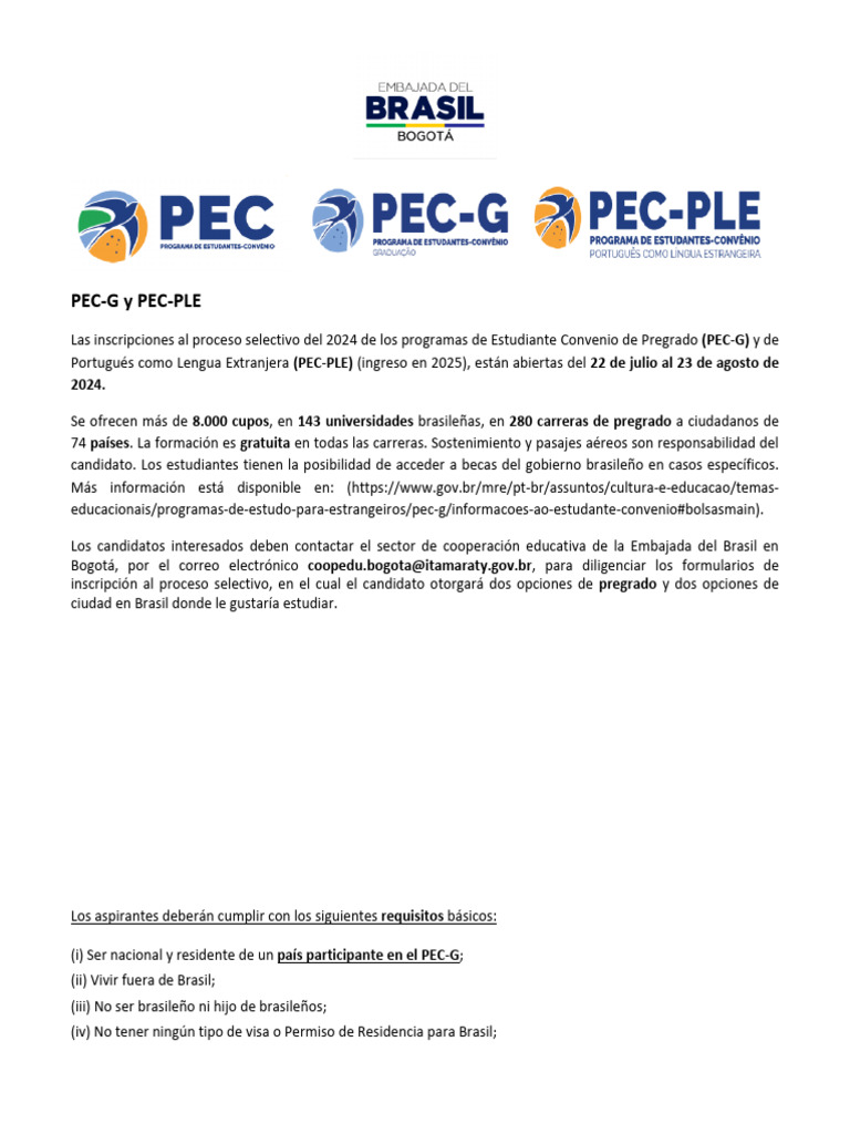 3 Instructivo Convocatoria Pregrado en Brasil Pec-G 2024 | PDF