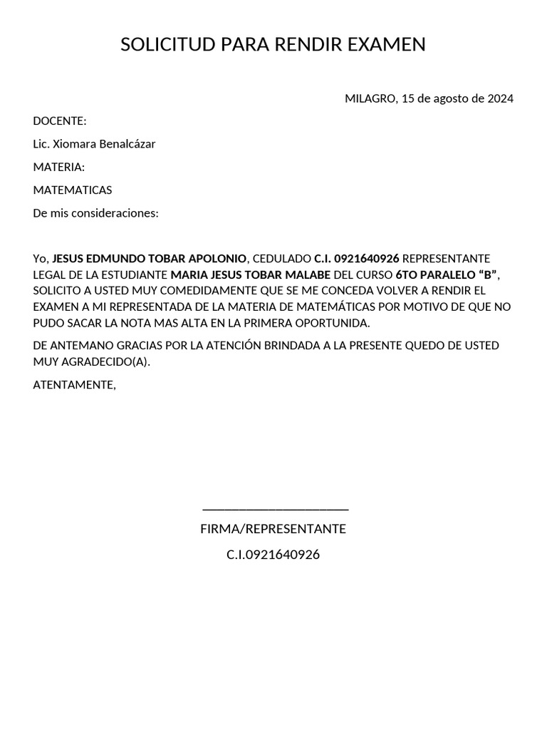 Solicitud para Rendir Examen | PDF