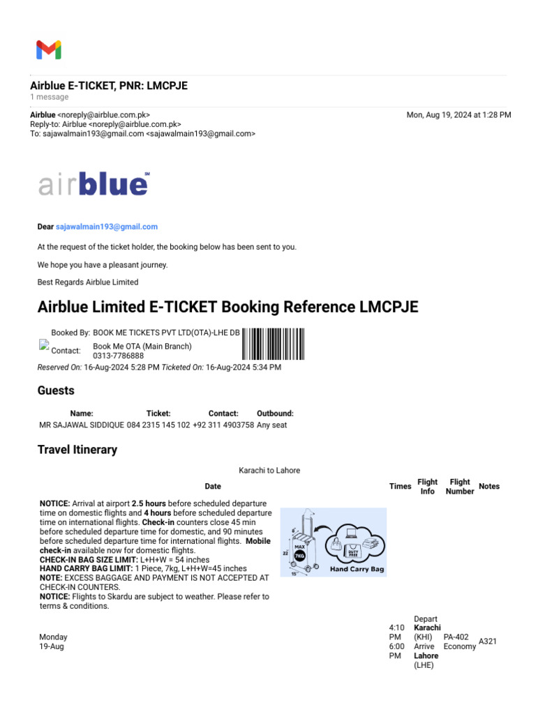 Gmail - Airblue E-Ticket, PNR - Lmcpje | PDF