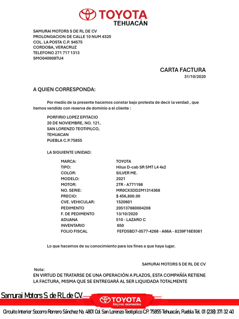 Carta Factura Toyota - Samurai Motors | PDF | Vehículo de motor | Negocios