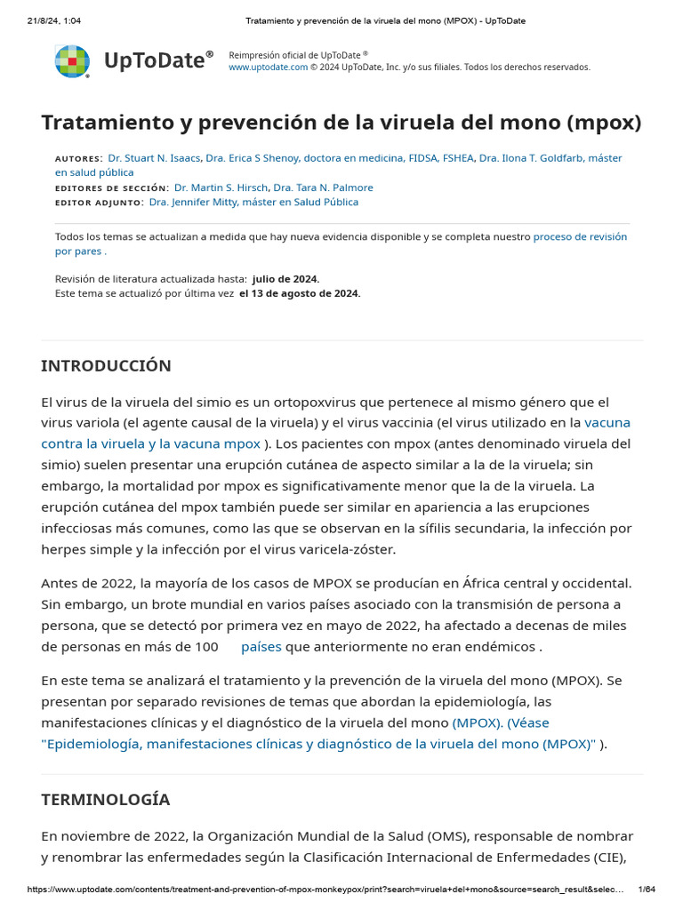 Tratamiento y Prevención de La Viruela Del Mono (MPOX) - UpToDate | PDF ...