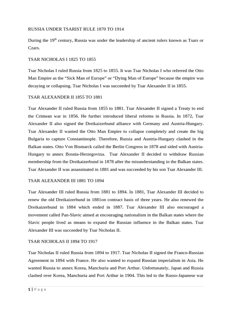 Russia Under Tsarist Rule 1870 To 1914 | PDF