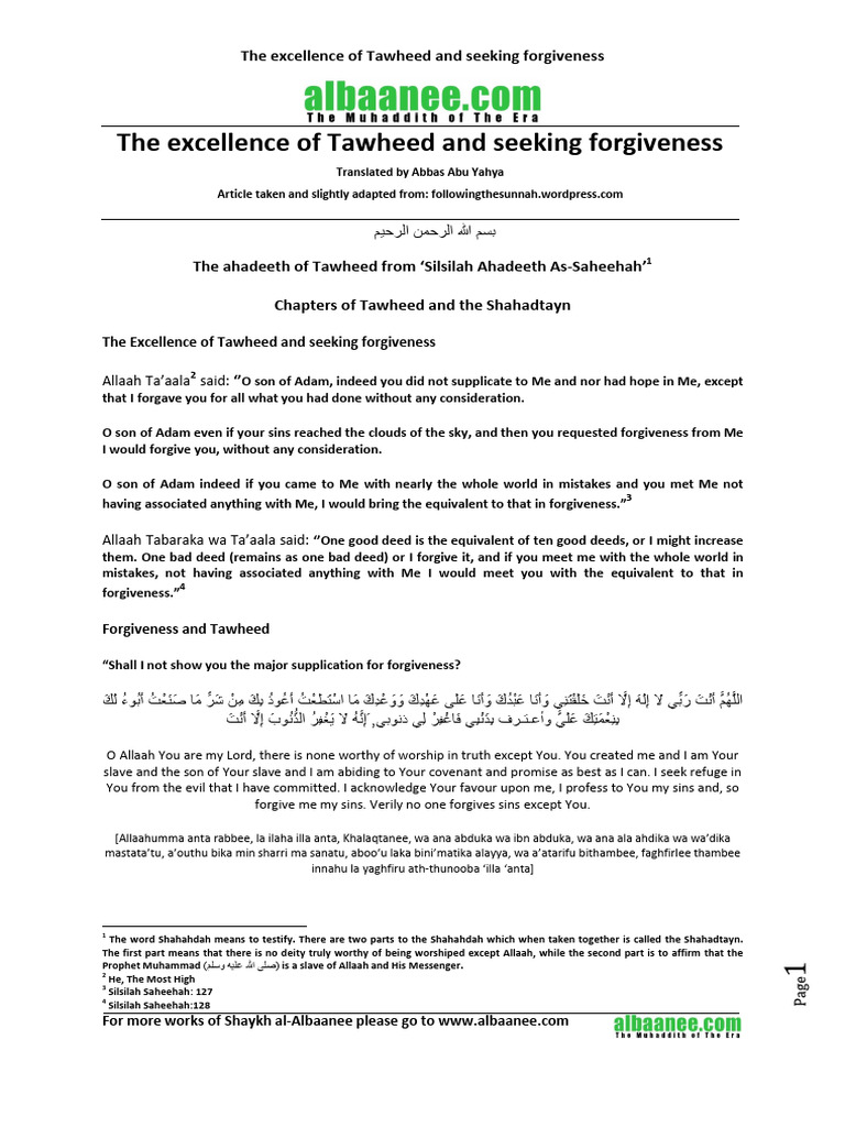 Excellence of Tawheed and Seeking Forgiveness | PDF | Theology ...