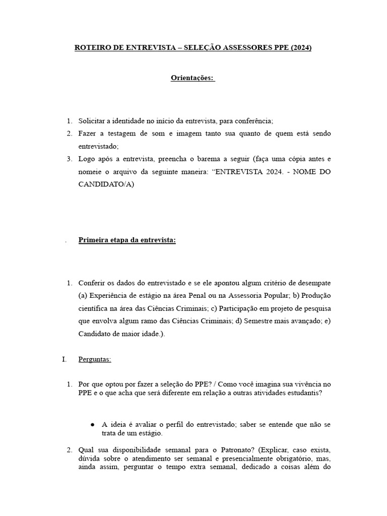 Roteiro Perguntas Assessores Prosel 2024 | PDF