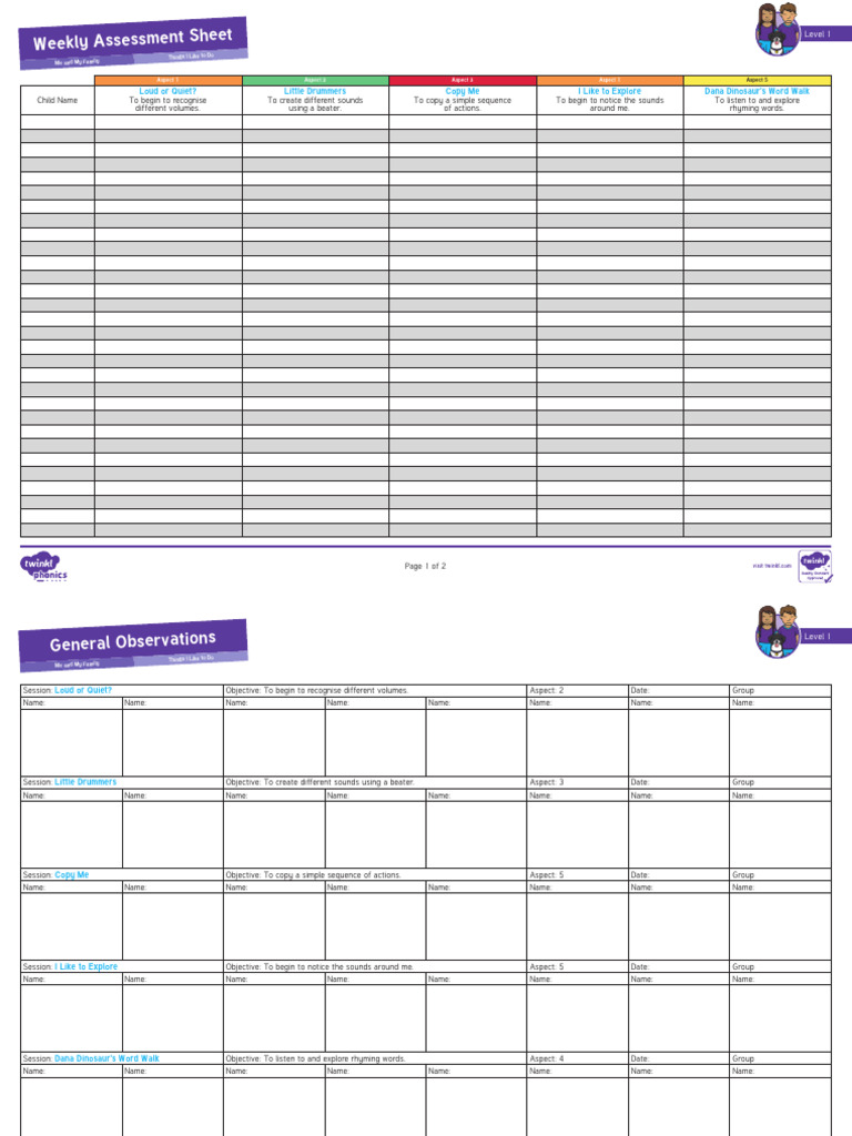 Level 1 Week 5 Assessment Sheet | PDF