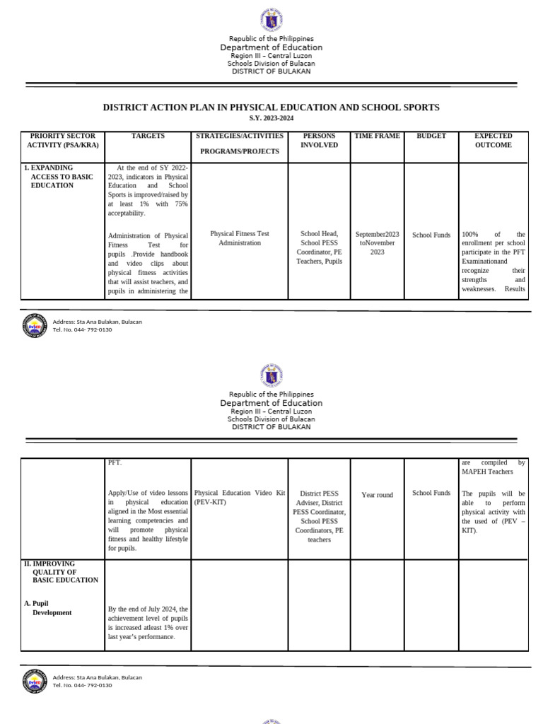 Action Plan Pess 2023 2024 | PDF