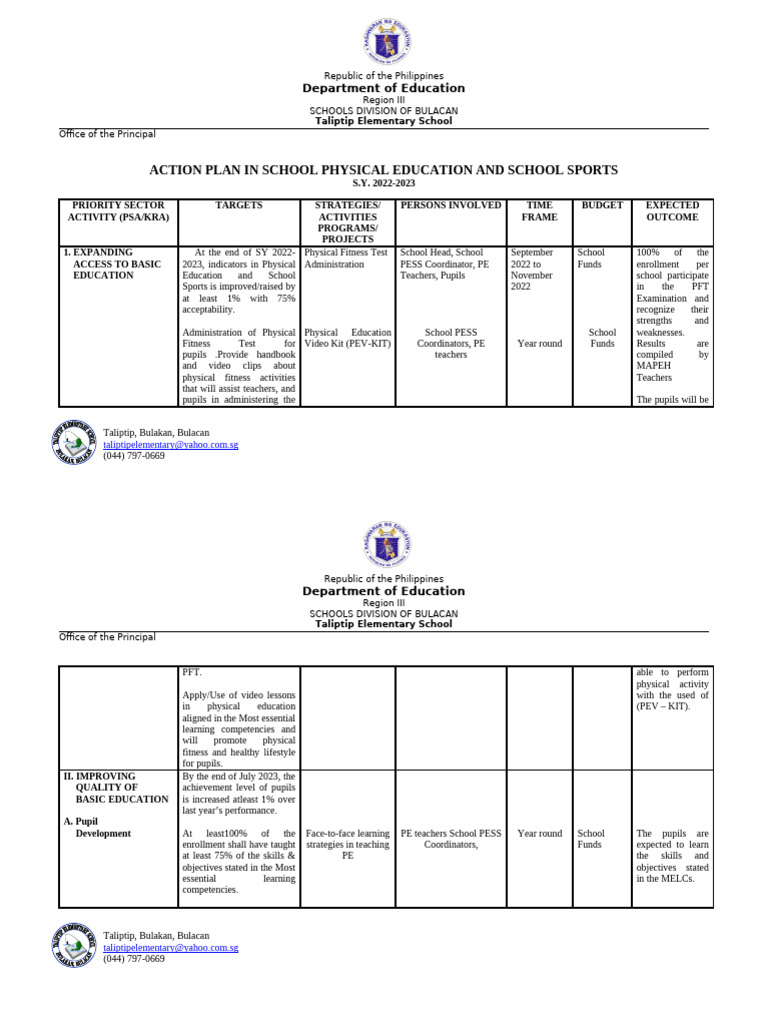 Action Plan in PE | PDF