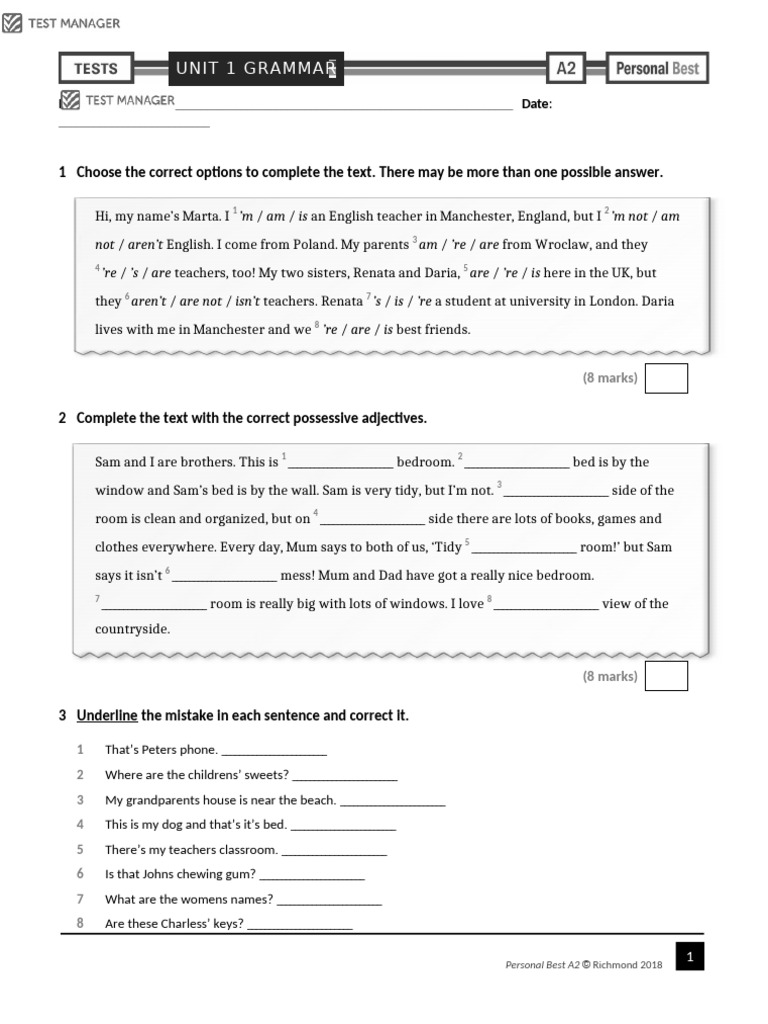 Personal Best A2 Unit 1 Grammar Test | PDF