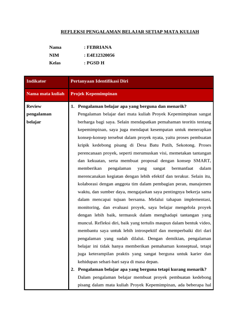 Refleksi Pengalaman Belajar-PROJEK | PDF