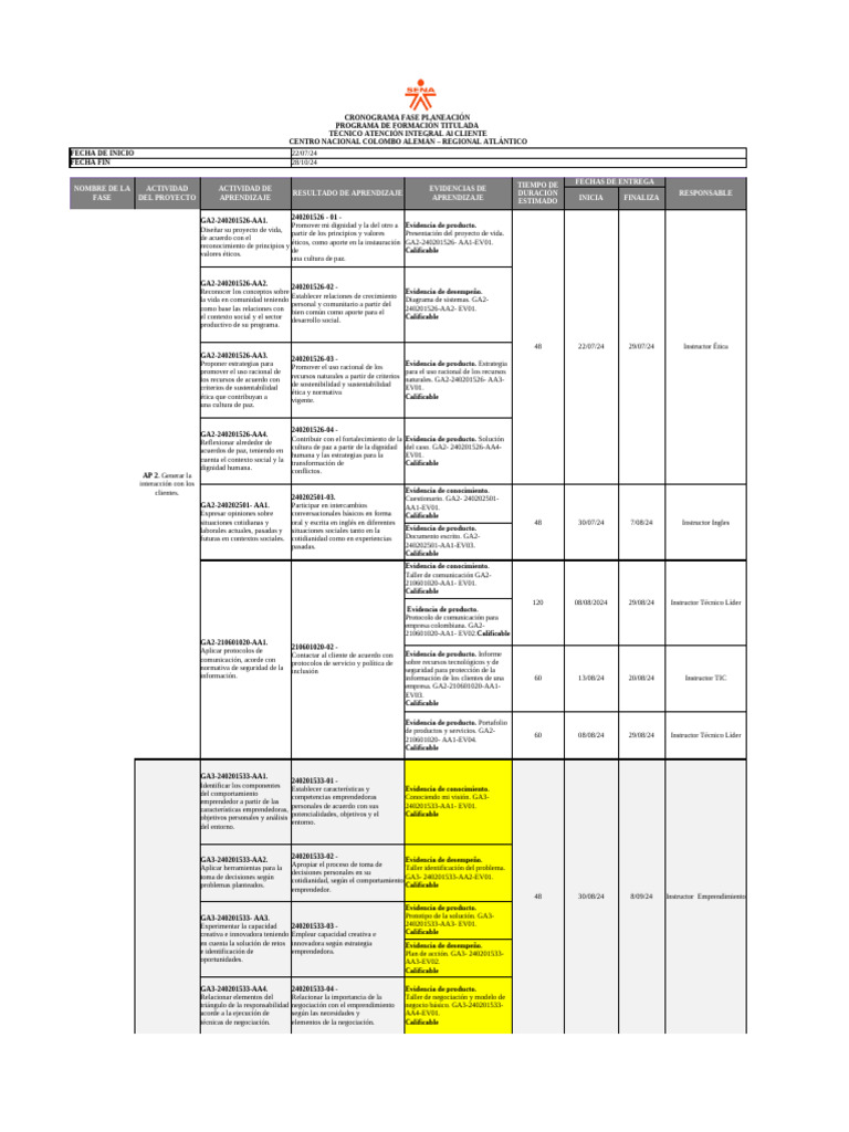 Cronograma Fase 2. Ejecutar Protocolos AIC | PDF