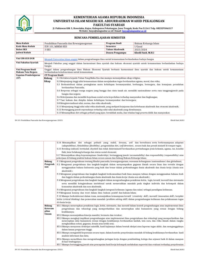 RPS Pendidikan Pancasila Dan Kewarganegaraan (2023) HTN | PDF