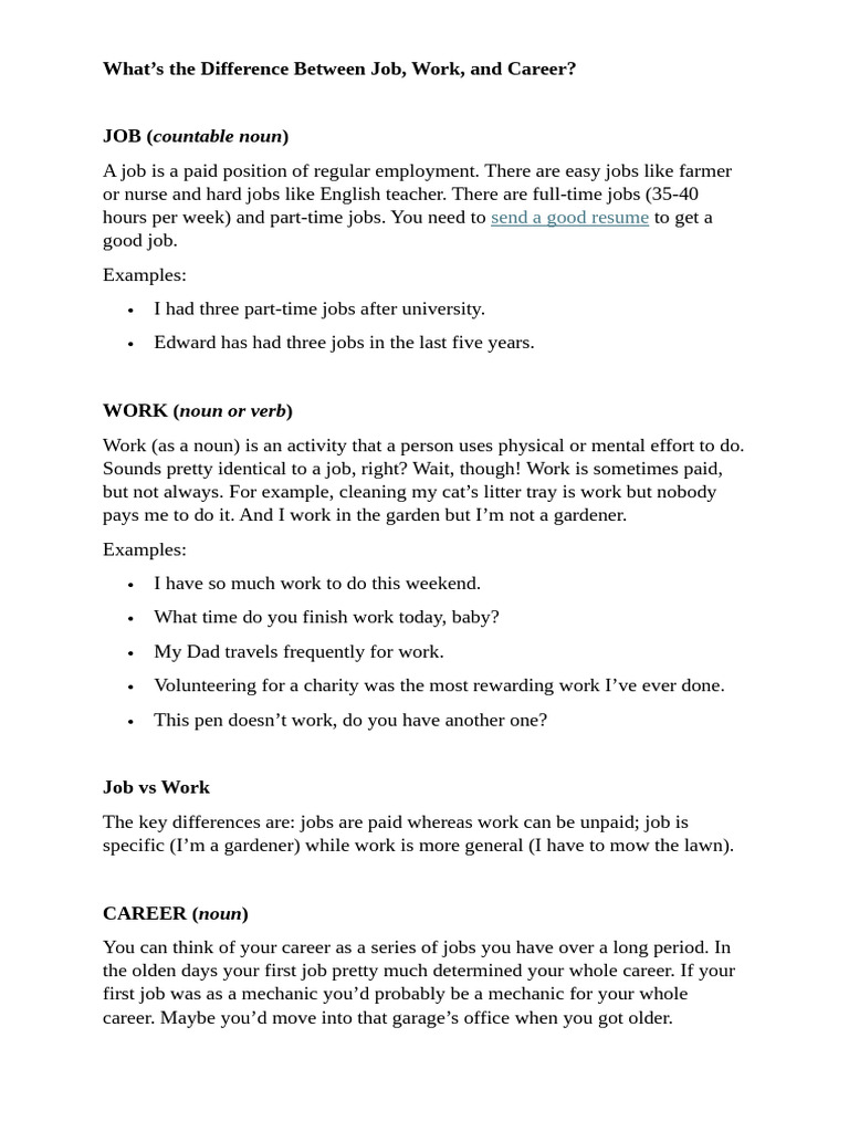 Difference Between Work, Job and Career | PDF