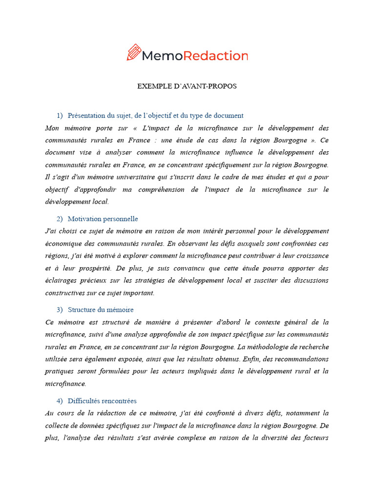 Avant Propos de Memoire Exemple PDF | PDF