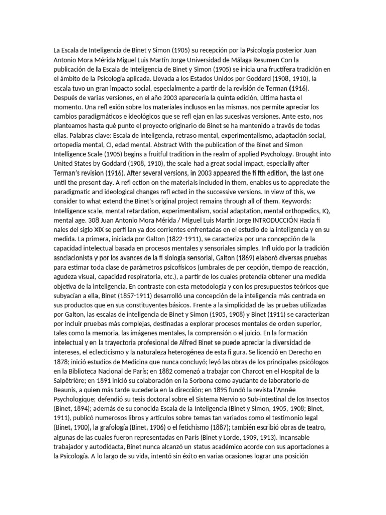 La Escala de Inteligencia de Binet y Simon | PDF