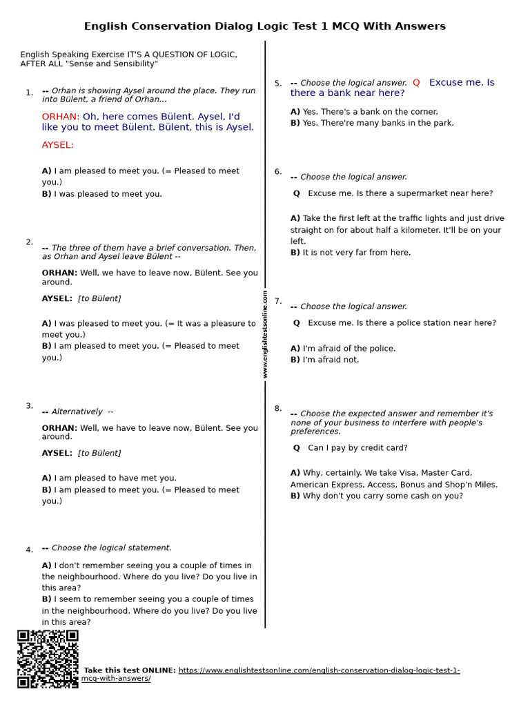 611 English Conservation Dialog Logic Test 1 MCQ With Answers | PDF