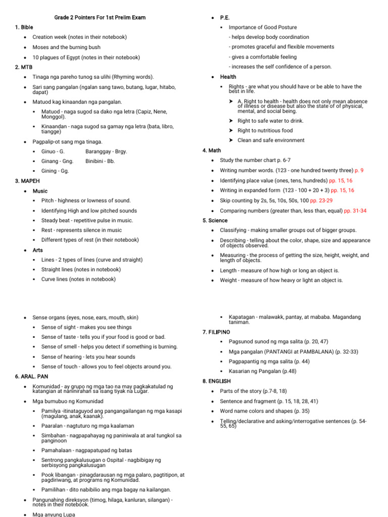 Gr. 2 1st Prelim Pointers | PDF