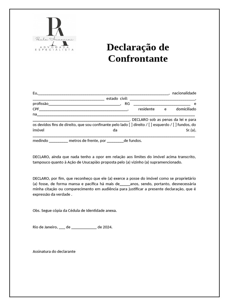 Declaração de Confrontante - Imóvel | PDF Declaração de Confrontante - Imóvel | PDF