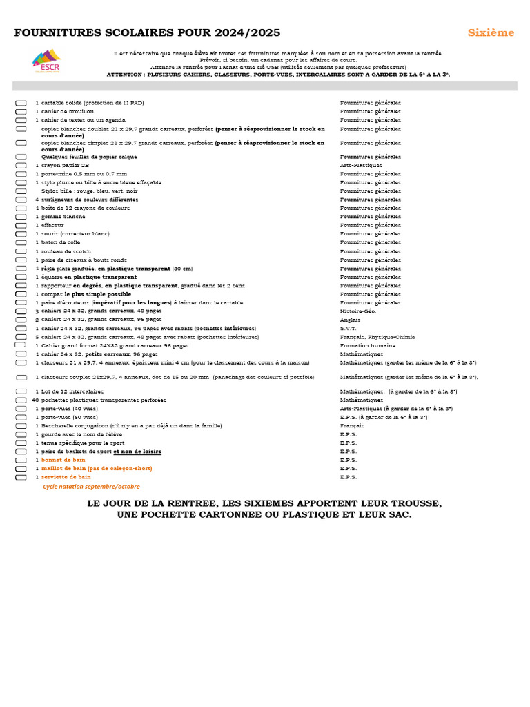 2024liste Fournitures Scolaires | PDF