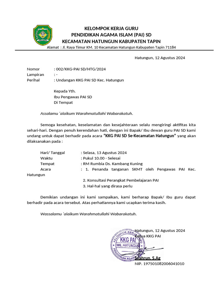 Undangan KKG PAI SD Hatungun 2024 | PDF | Gaya Hidup