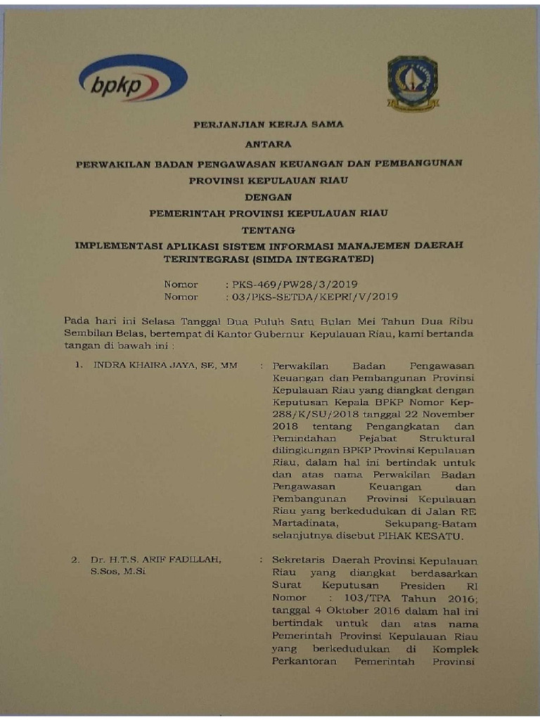 Perjanjian Kerjasama Dengan BPKP (SIMDA INTEGRATED) - Min | PDF